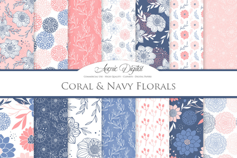 Coral and Navy Floral Vector Patterns and Flowers Digital Papers By ...