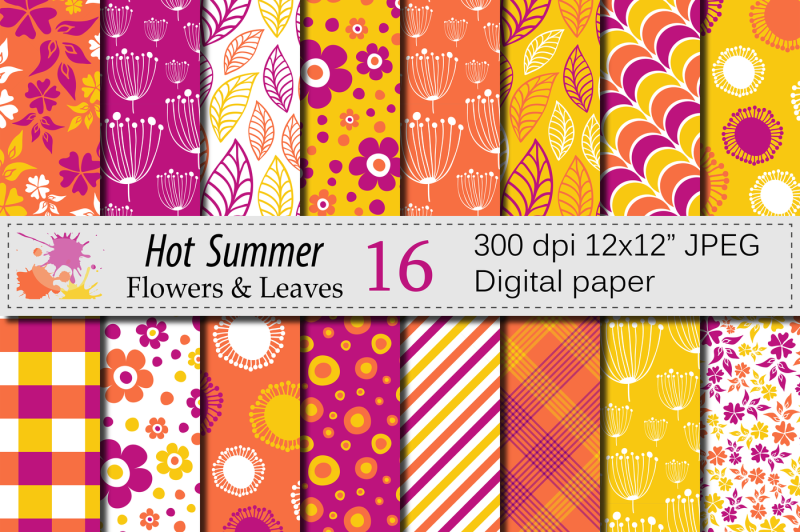 Summer Digital Paper, Orange and Yellow Flowers and Leaves patterns By ...