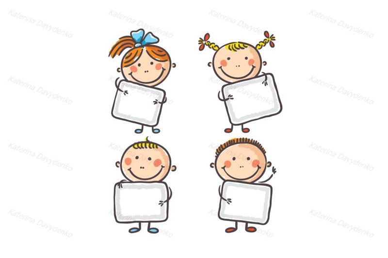 Four happy kids with blank signs By Optimistic Kids Art | TheHungryJPEG