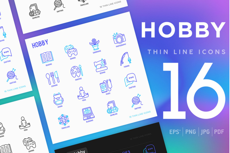 Hobby | 16 Thin Line Icons Set By Alexey Blogoodf | TheHungryJPEG