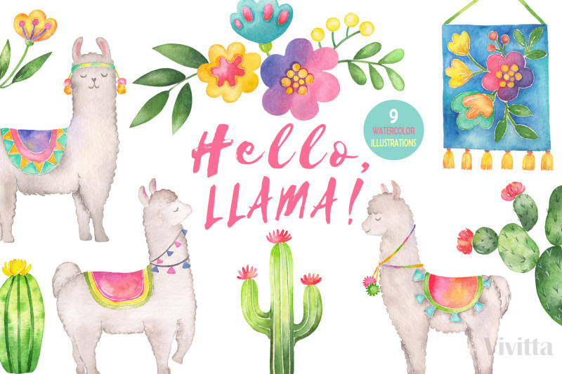 Hello, Llama watercolor clipart set By Vivitta | TheHungryJPEG