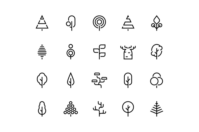 Trees line icons. Simple minimalist plants, organic geometric abstract ...