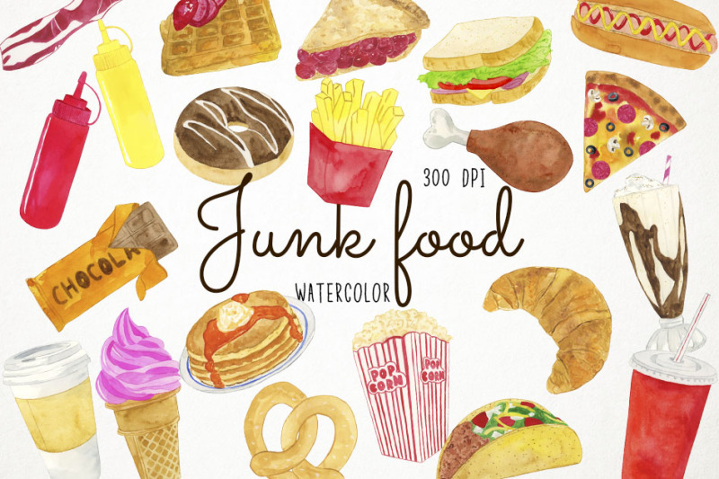 Watercolor Junk Food Clipart, Fast Food Clipart, Junk Food Clip Art By ...
