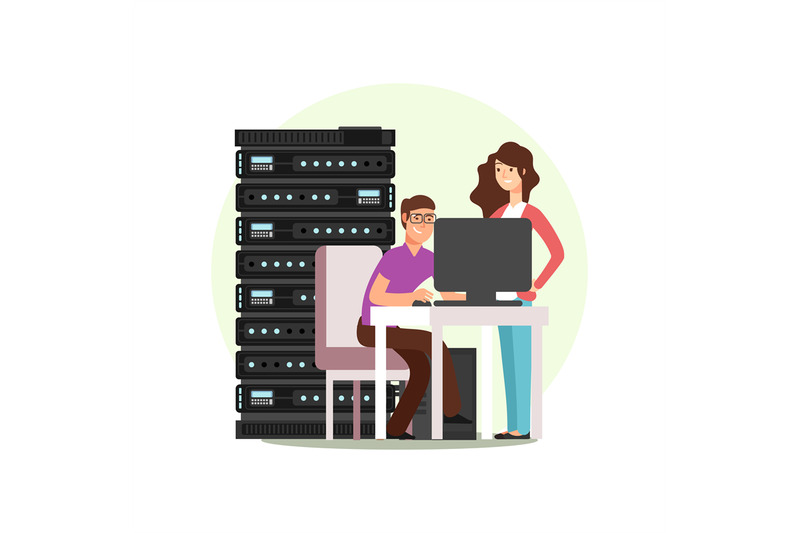 Character engineers working with server By Microvector | TheHungryJPEG