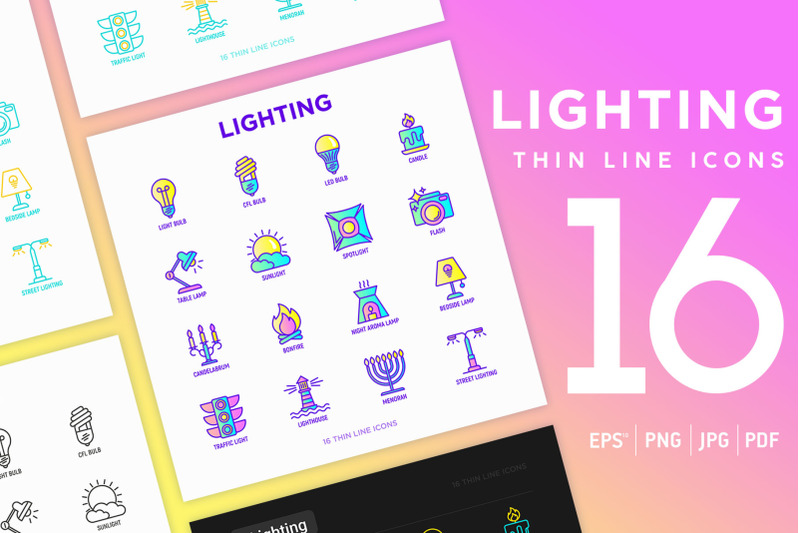 Lighting | 16 Thin Line Icons Set By Alexey Blogoodf | TheHungryJPEG