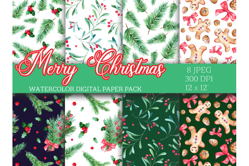Christmas Winter Watercolor digital paper pack seamless patterns By ...