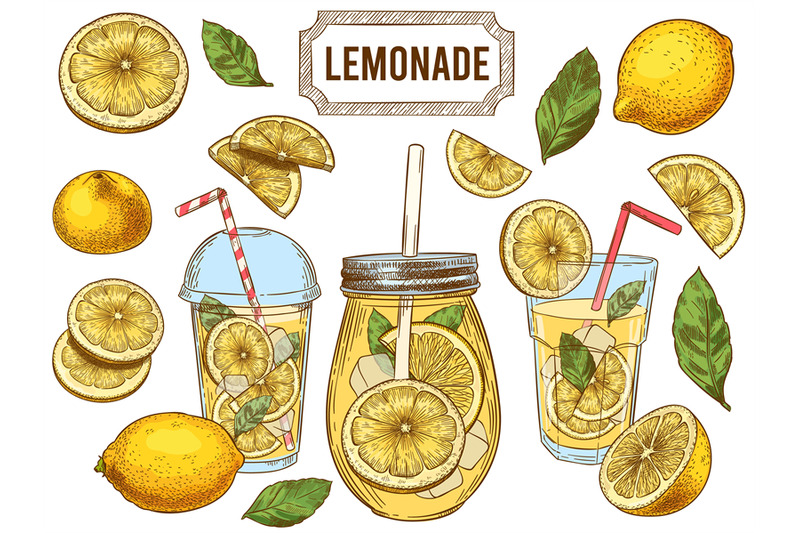 Sketch lemonade. Summer cold drinks, hand drawn yellow lemons slices a ...