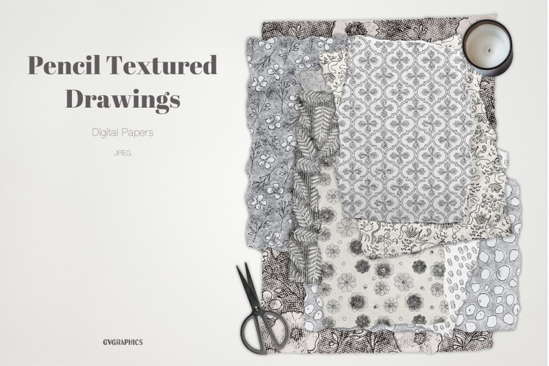 Pencil Textured Drawings Digital Papers By GVGraphics | TheHungryJPEG