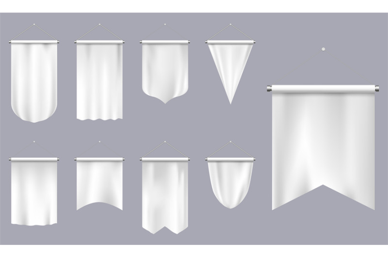 Realistic pennants. White textile 3d flags, blank triangle pennant, em ...