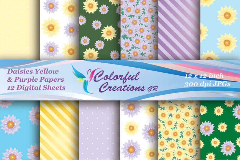 Daisies Yellow Purple Digital Papers, Spring Papers, Floral Paper By ...