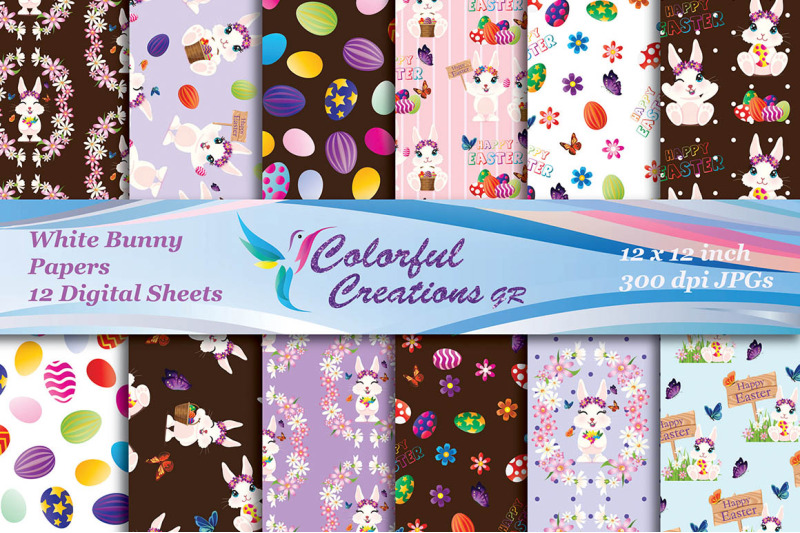 Easter Digital Papers, White Bunny Scrapbook Papers, Easter Eggs Patte ...