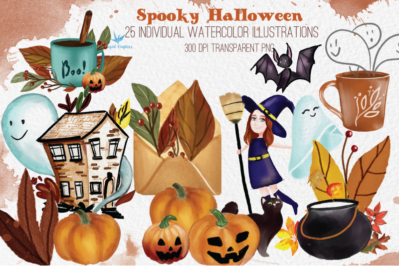 Spooky halloween : watercolor illustration set of 25 By Winged Graphics ...