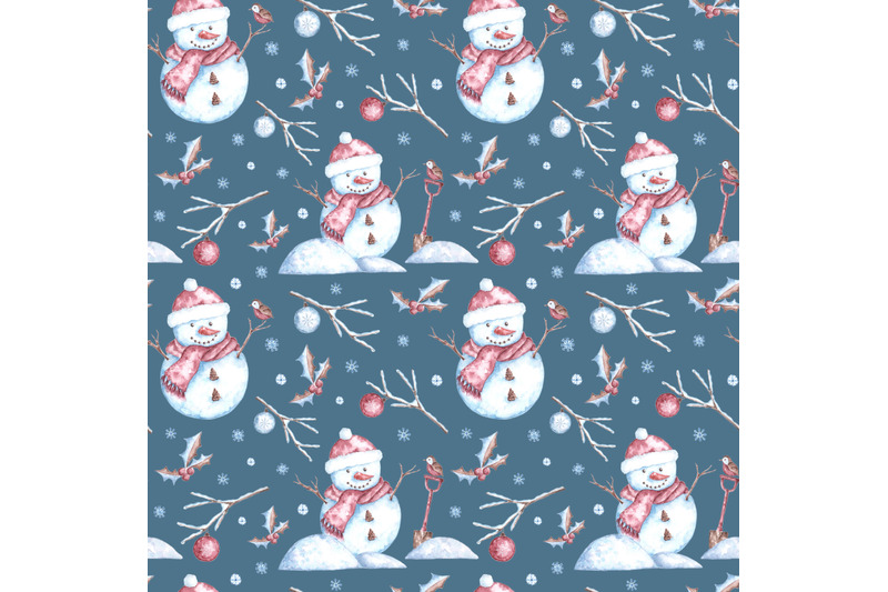 Christmas snowman watercolor seamless pattern (digital paper) New year ...