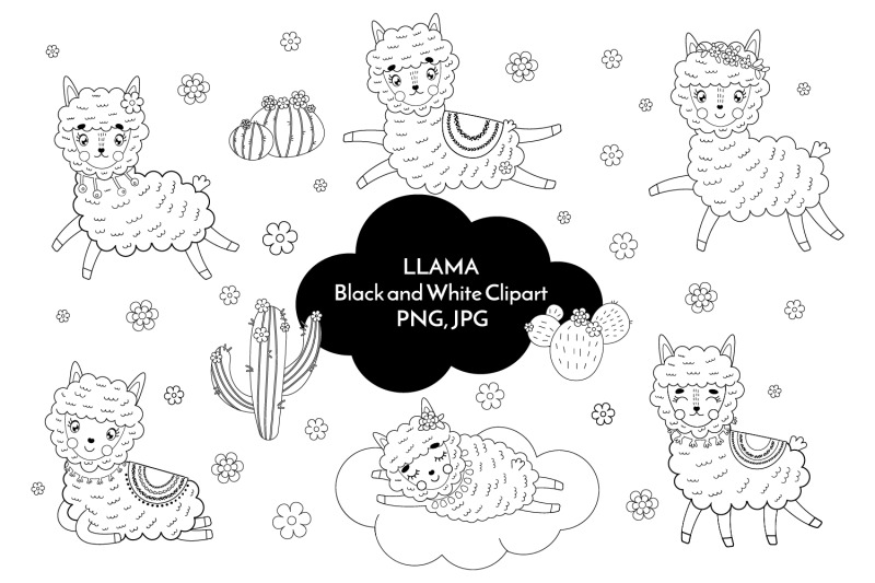 Llama black and white clipart PNG 35 By Lily Shop | TheHungryJPEG