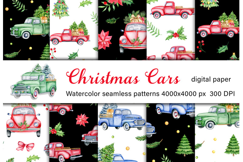 Christmas retro cars watercolor digital paper. Vintage trucks seamless ...