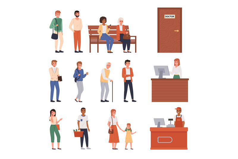 People queue. Different ages and nationalities customers standing wait ...