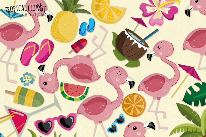 Tropical Flamingo Summer Clipart | Set of 38 By NotturnoClipArt ...