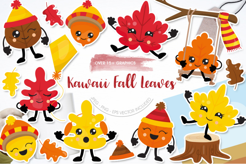 Kawaii Fall Leaves By Prettygrafik Design | TheHungryJPEG