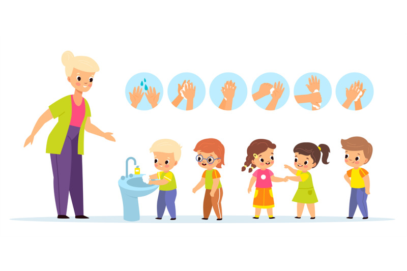 Washing hands teach. Children characters with kindergarten teacher, pr ...