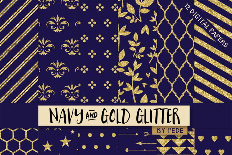 Navy and gold glitter digital paper pack By PeDeDesigns | TheHungryJPEG