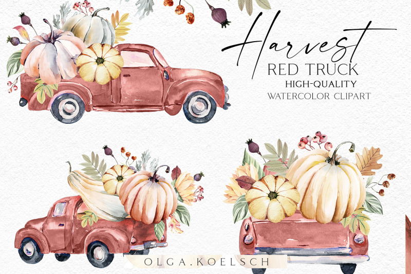 Watercolor fall truck clipart, Pumpkin harvest farm clipart, Garden pn ...