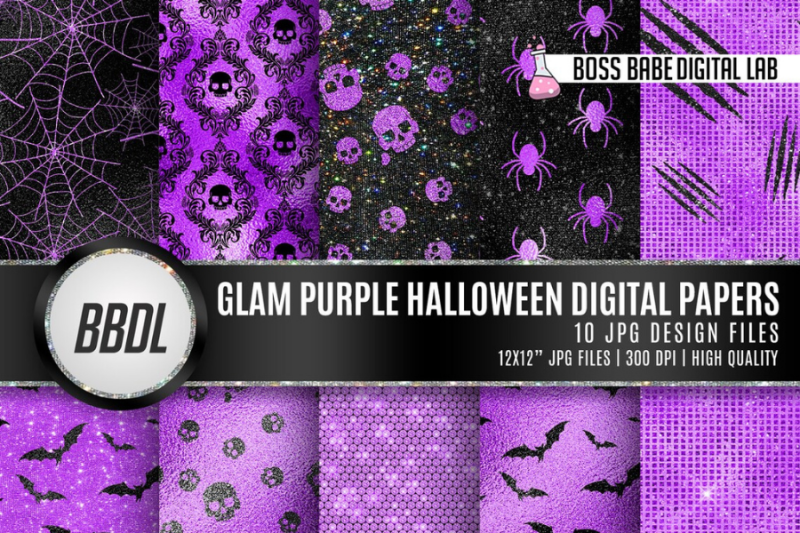 Purple and Black Halloween Foil Digital Papers By Boss Babe Digital Lab ...