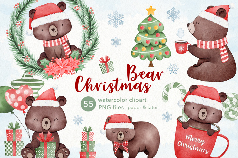 Watercolor Christmas Bear Clipart, Cute Xmas Woodland Animals PNG By ...