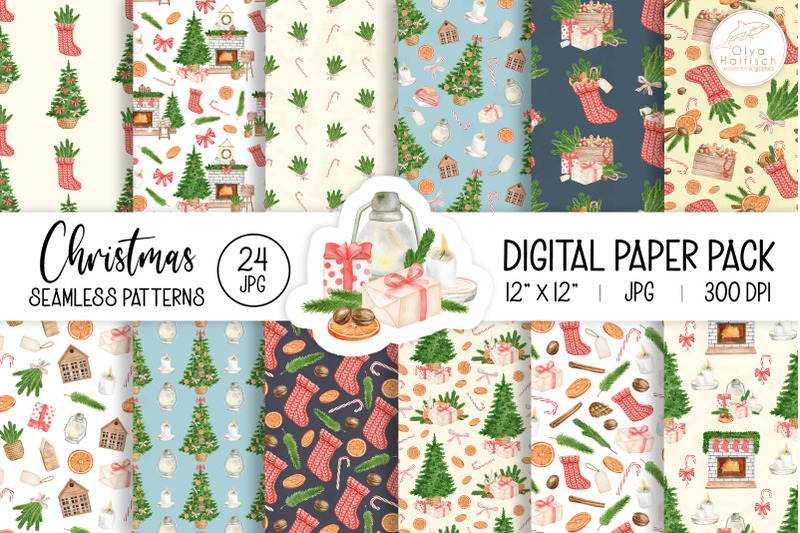 Christmas Digital Paper Pack. Watercolor Christmas Seamless Patterns By ...