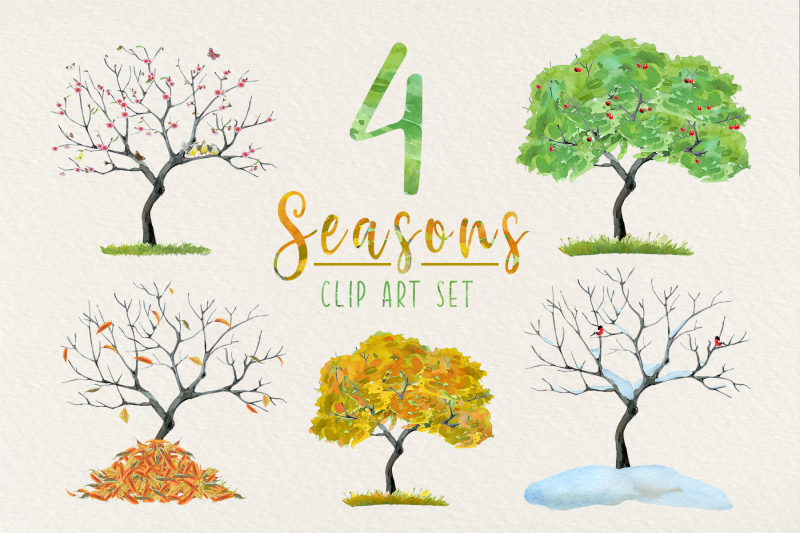 Four Seasons Clip Art Set By TatiBordiu Watercolor | TheHungryJPEG