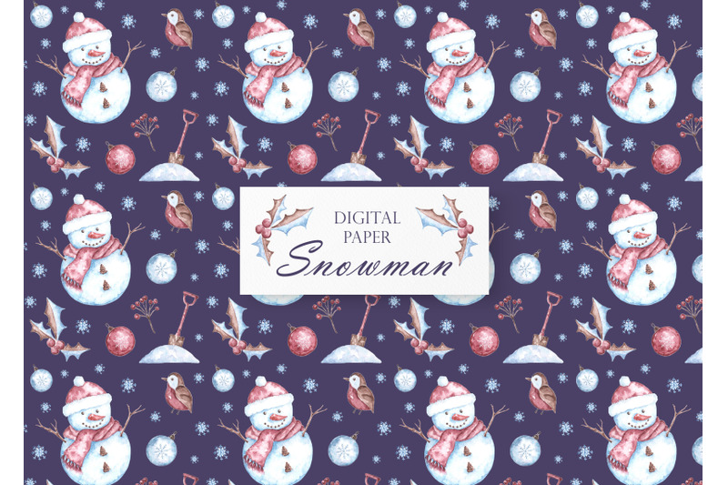 Snowman watercolor digital paper, seamless pattern. Winter, Christmas ...
