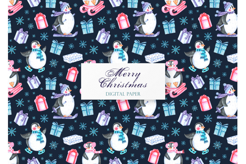 Penguins watercolor digital paper, seamless pattern. Christmas. By ...