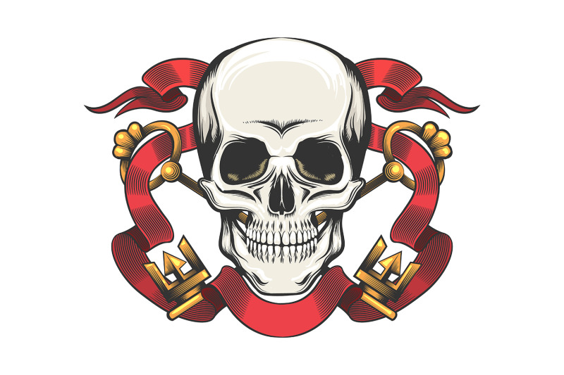 Skull With Golden Keys And Red Ribbon Tattoo By Olena1983