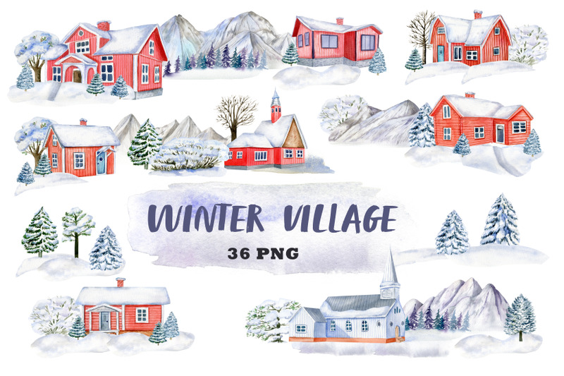 Watercolor winter village clipart. Scandinavian houses. Christmas PNG ...