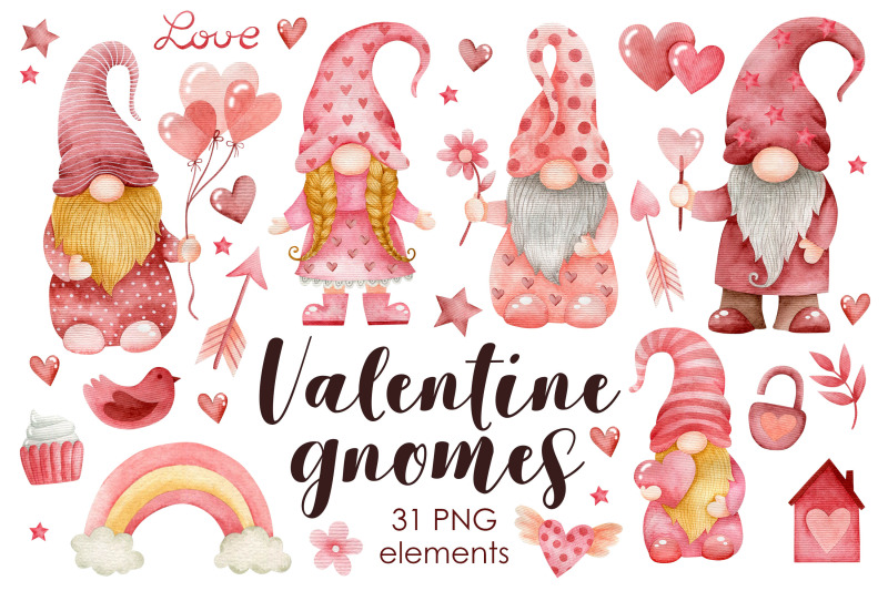 Watercolor Valentines Gnomes Clipart By KiraArtStory | TheHungryJPEG