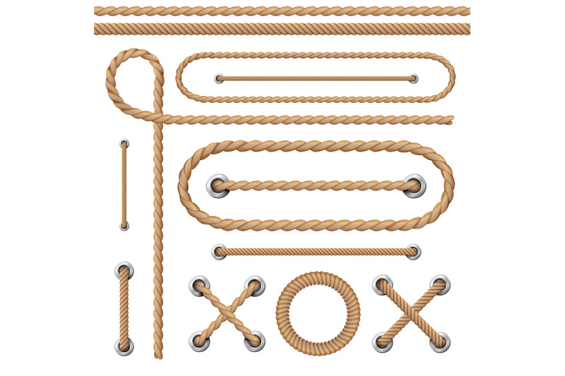 Realistic nautical ropes. Brown intertwine rope, sea straight string ...