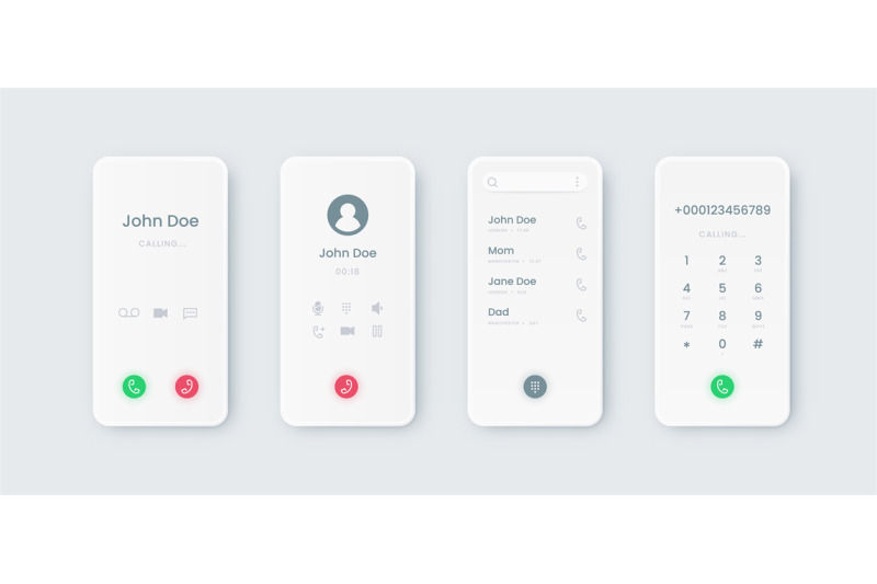 Phone call UI. Incoming touchscreen interface mockup with dial. Commun ...