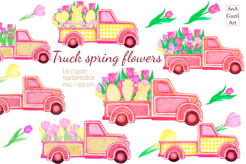 Watercolor truck clipart, Truck spring flowers, Easter clip art, PNG By ...