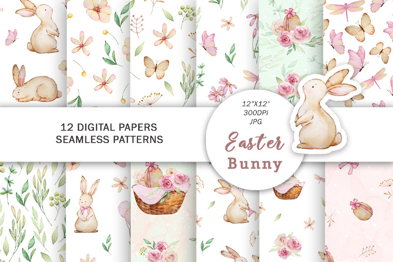 Watercolor Easter Bunny Digital Paper By SvetaArtLana | TheHungryJPEG