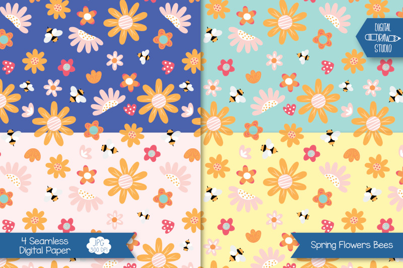 Spring Flowers & Bees Digital Paper | Seamless Background Pattern By ...