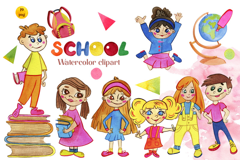 Watercolor back to school clip art, children boys and girls By ...