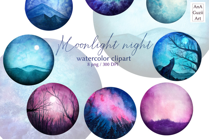 Watercolor moon landscape clipart. By AnaGuziiArt | TheHungryJPEG