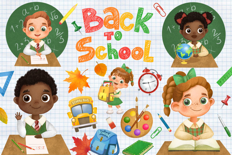 Back to School Clipart. School bus, schoolchildren. By Evgeniia ...