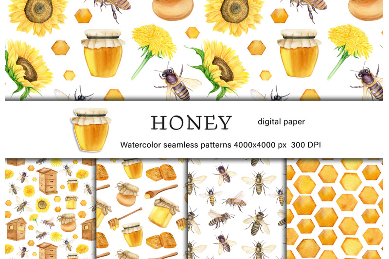 Watercolor Honey and Bees digital paper pack. Beekeeping Honey product ...