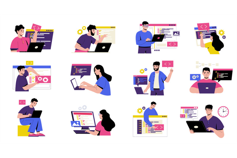 Coding characters concept. Cartoon developers working on web programmi ...