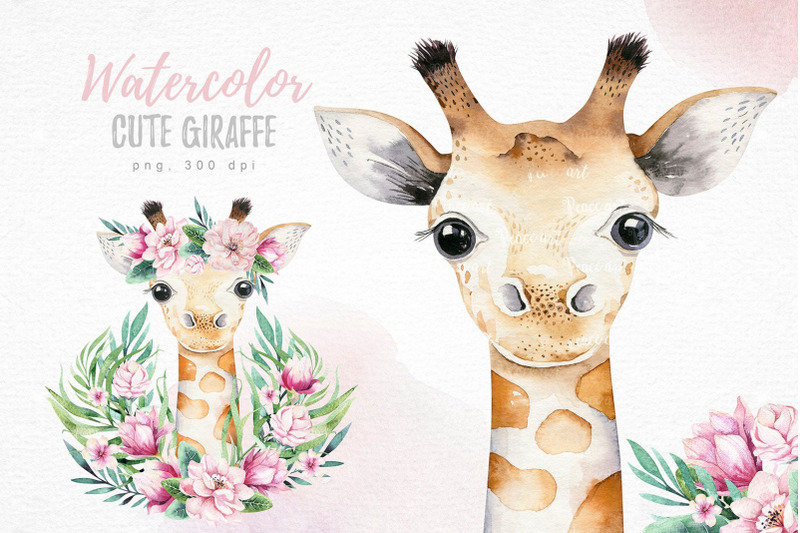Watercolor baby nursery tropical giraffe animals clipart. Digital PNG ...