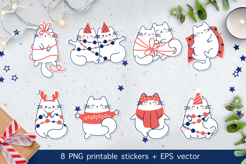 Christmas Winter Cats Cute kawaii stickers | 8 png printable By ...