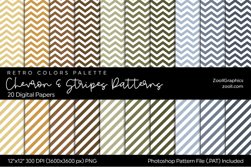 Chevron And Stripes Retro Digital Papers By ZoollGraphics | TheHungryJPEG