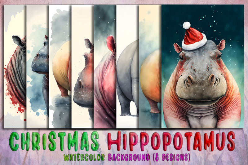 Christmas Hippopotamus Watercolor Background Bundle By ChippoaDesign ...
