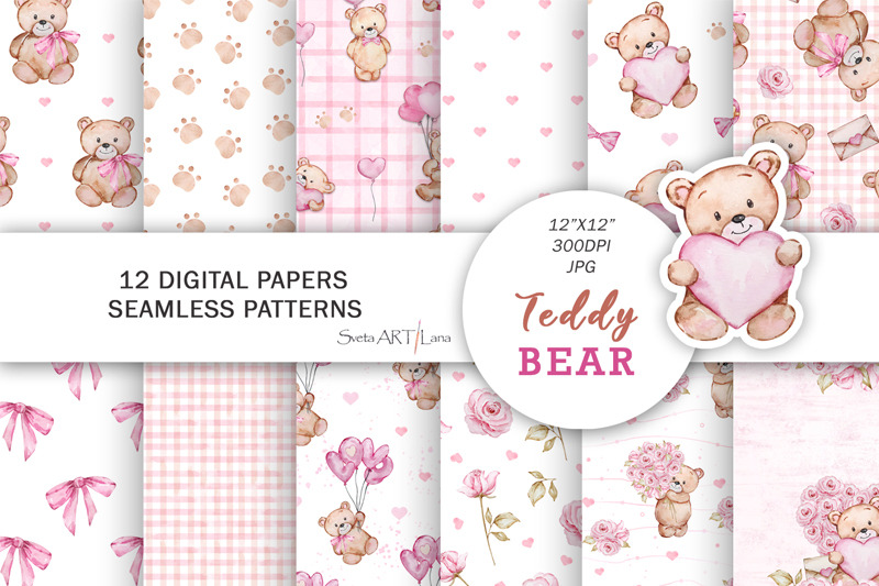 Teddy bear Valentines Day digital paper By SvetaArtLana | TheHungryJPEG