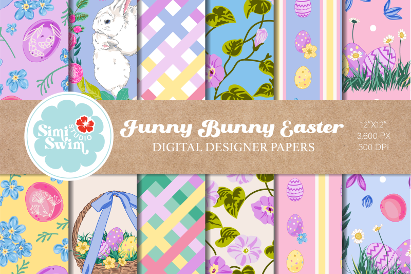 Funny Bunny Easter Digital Papers,Spring Seamless Pattern, Cute Bunny ...